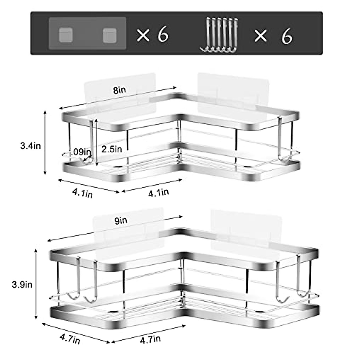 Adhesive Corner Shower Caddy,2 Pack Bathroom Corner Shower Basket Shelf With 6 Hooks Stainless Steel Shower Storage Organizer Shampoo Holder, No Drilling Shower Shelf Basket Bathroom Shelf Rack