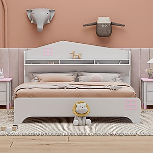 Full Bed with Storage Headboard, Wood Platform Bed with House Shaped Headboard, Kid Low Bed Frame with Shelf and Slats Support, No Box Spring Needed, White