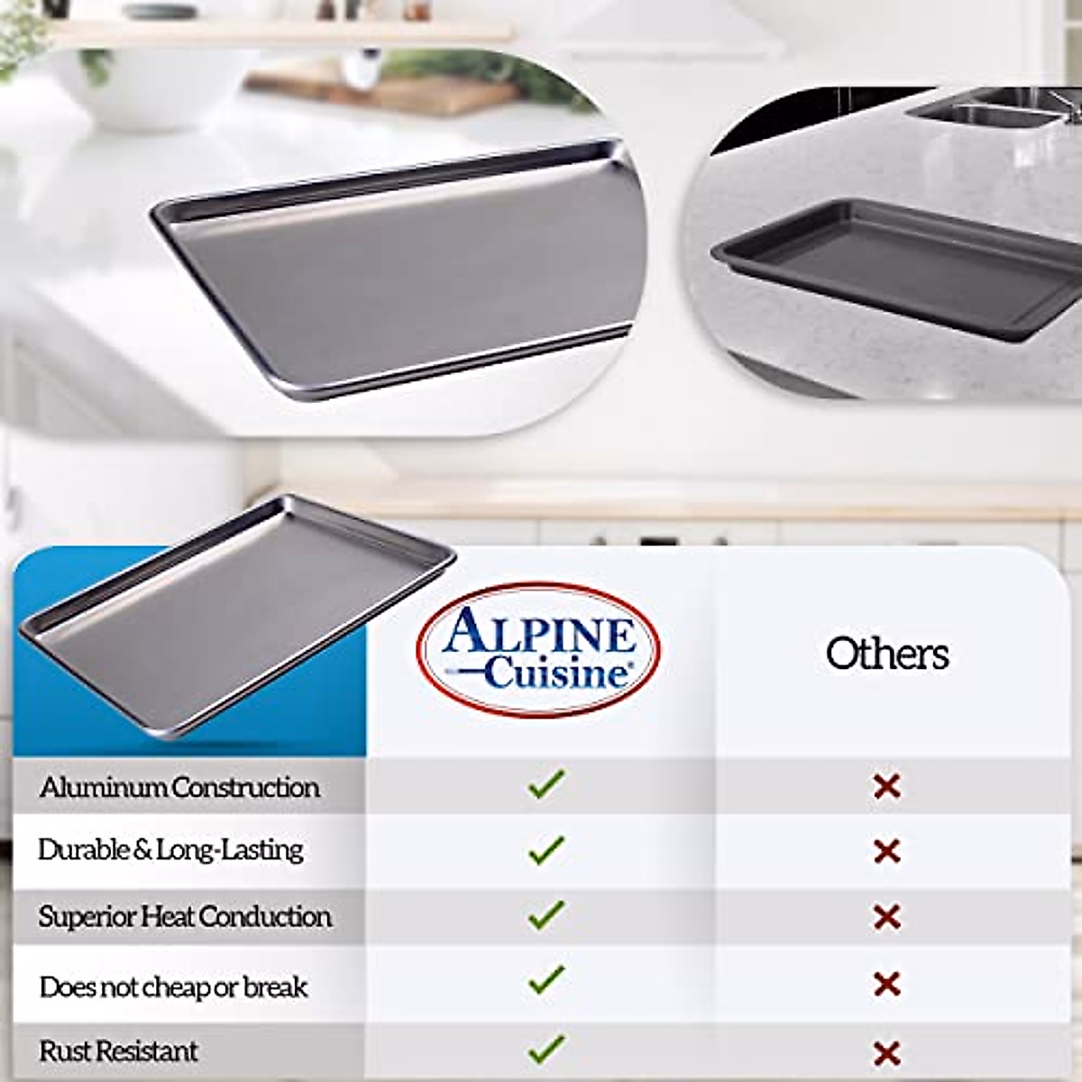 Alpine Cuisine Three Quarter Professional Aluminum Cookie Sheet 22-inch - Rimmed Baking Sheets for Oven - Durable, Oven-Safe, Easy to Clean, Commercial Quality - Great for Roasting & Baking