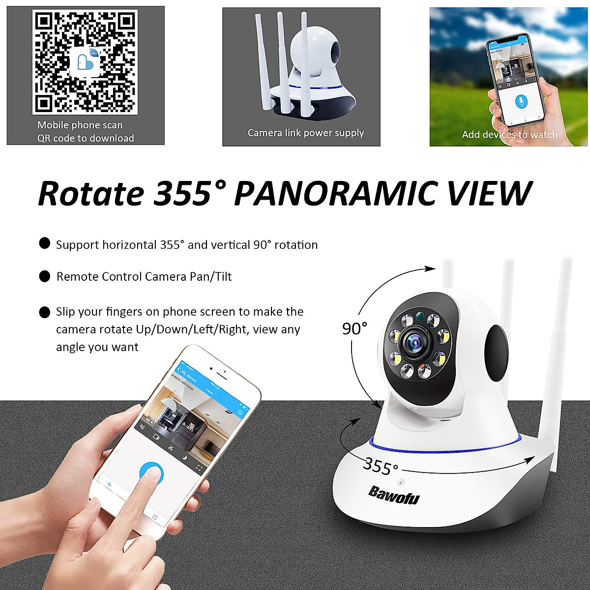 Bawofu IP Security Camera with 2 Way Audio 1080P Home Wireless Indoor, Support 2X Magnification & Free Motion Alerts Night Vision for Pet/Nanny Compatible SD Card up to 128G