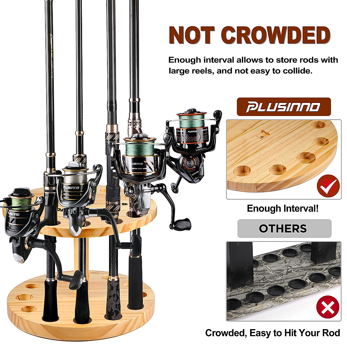 PLUSINNO V12 Fishing Rod Holders for Garage, Vertical Fishing Pole Holders Wooden Round Floor Stand, Fishing Rod Rack Holds up to 12 Rods or Fishing Nets Storage Organizer Racks, Fishing Gifts for Men