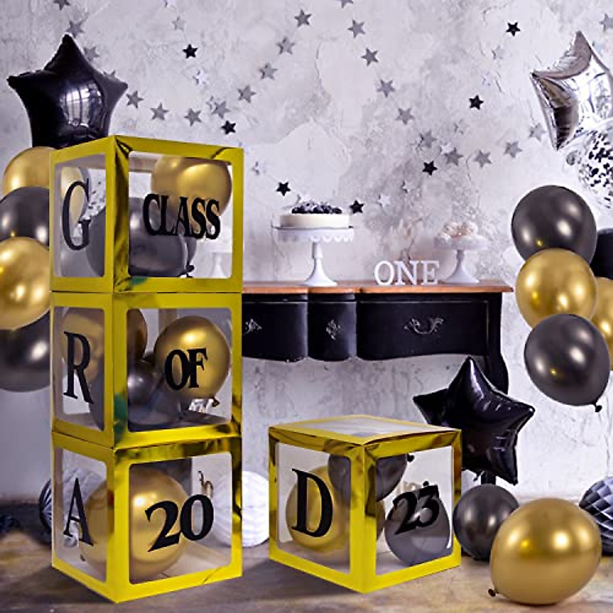 LABEOL Graduation Party Decorations 2023,4 PCS Gold Balloon Boxes with"GRAD""CLASS OF 20 22 23""So proud of you"Letters and 20 PCS Balloons for Graduation Party Decorations Supplies for Class of 2023