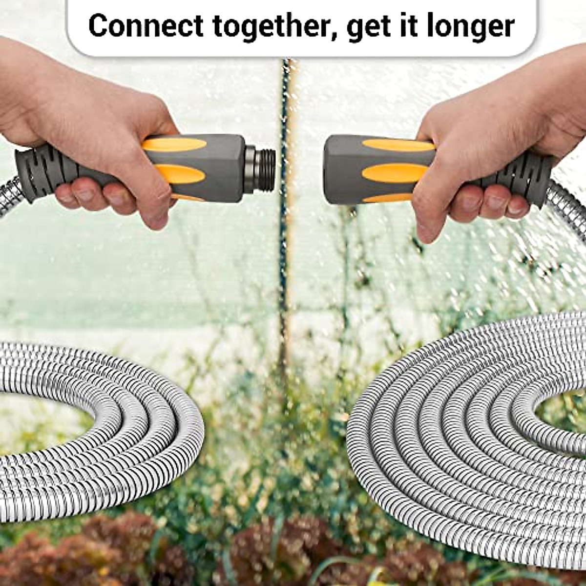 TheFitLife Flexible Metal Garden Hose - 50 FT Lightweight Stainless Steel Water Hose with Solid Fittings and Sprayer Nozzle - Leak Proof, Kink Free, Anti-rust, Large Diameter, Durable and Easy Storage