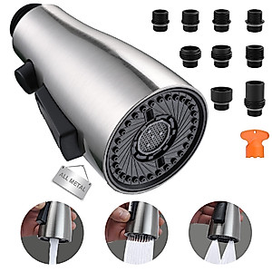 Metal Kitchen Faucet Head Replacement, 3 Functions Kitchen Faucet Head High Pressure, Pull Down Kitchen Sink Sprayer Replacement with 9 Adapters Compatible with American Standard, Brushed Nickel
