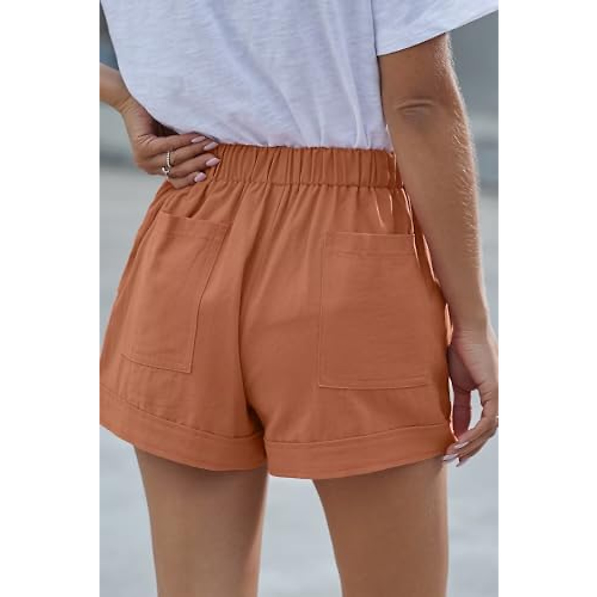 ANFTFH Women's Casual Elastic Waist Comfy Cotton Linen Summer Beach Shorts with Drawstring Orange XL