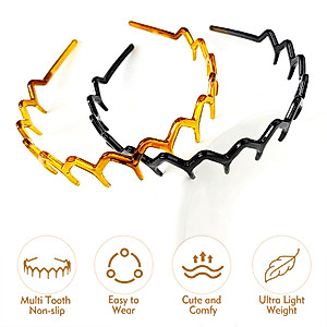 NONENDU Zig Zag Headbands Classic 90s Plastic Headband with Teeth Wavy Comb Headbands for Women Men, Shark Tooth Headband & Hair Band (2 Black + 2 Brown, Pack of 4)