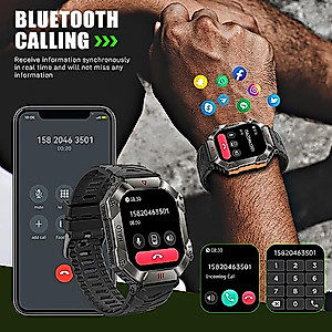 Military Smart Watch for Men(Call Receive/Dial) with 650mAh Long Battery Life, 2” Big Screen Rugged Tactical Sports Smartwatch with Compass Barometer Heart Rate Sleep Tracker for Android iOS Black