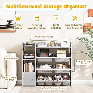Costzon Kids Toy Storage Organizer, 4-Tier Kids Bookshelf with 8 Toy Organizer Bins, Montessori Shelf with Large Cabinet, Toddler Book Shelf, Children Bookcase for Playroom, Nursery, Daycare (Grey)