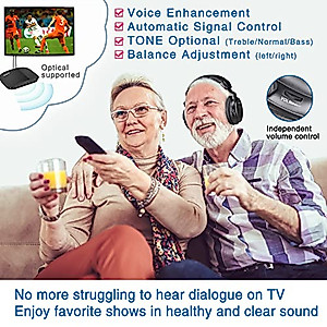 SIMOLIO Wireless Headphones for TV Watching with Transmitter (Digital Optical/RCA/AUX), Enhanced Voice & Spare Battery for Seniors & Hard of Hearing, Balance & Tone Control, No Audio Lag, 100FT Range