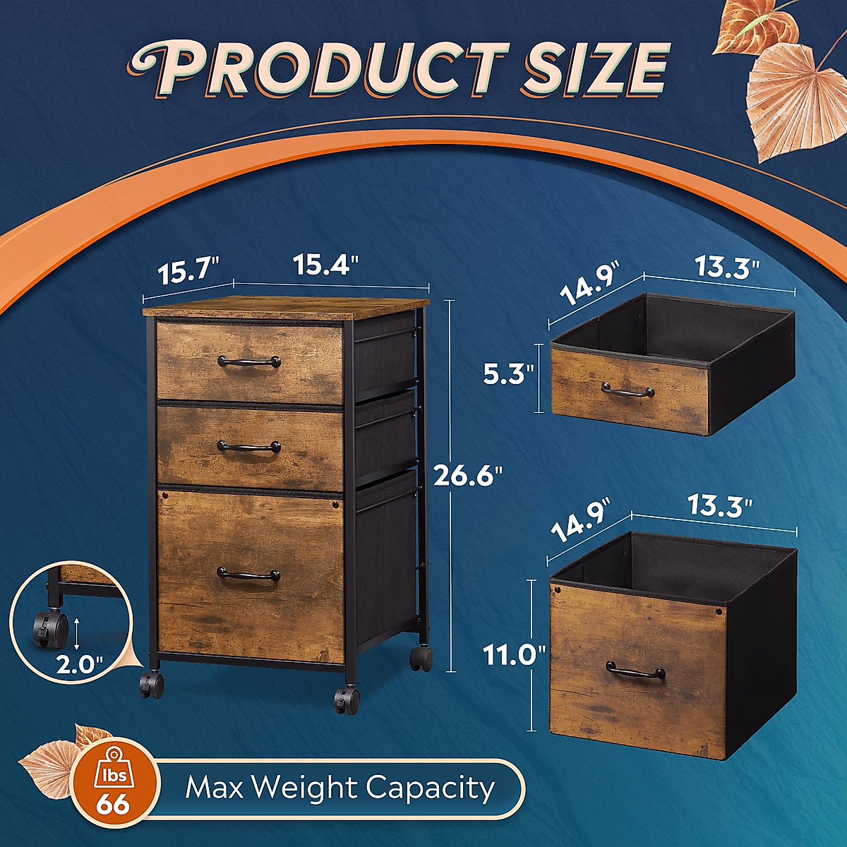 DEVAISE Mobile File Cabinet, Rolling Printer Stand with 3 Drawers, Fabric Vertical Filing Cabinet fits A4 or Letter Size for Home Office, Rustic Brown Wood Grain Print