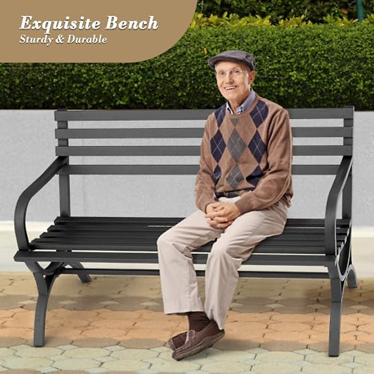 Athena Collection 50" Garden Bench Outdoor Patio Bench, Cast Iron Metal Frame Furniture Porch Bench with Backrest, Park Farmhouse Arch Legs Bench for Backyard Lawn Garden Entryway, Black