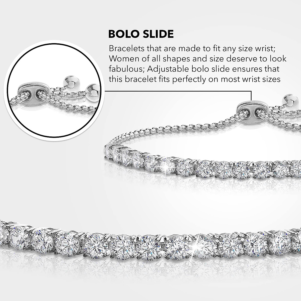 Devin Rose 8 Cttw Cubic Zirconia Adjustable Bolo Bracelet for Women in Rhodium Plated Brass 4mm White