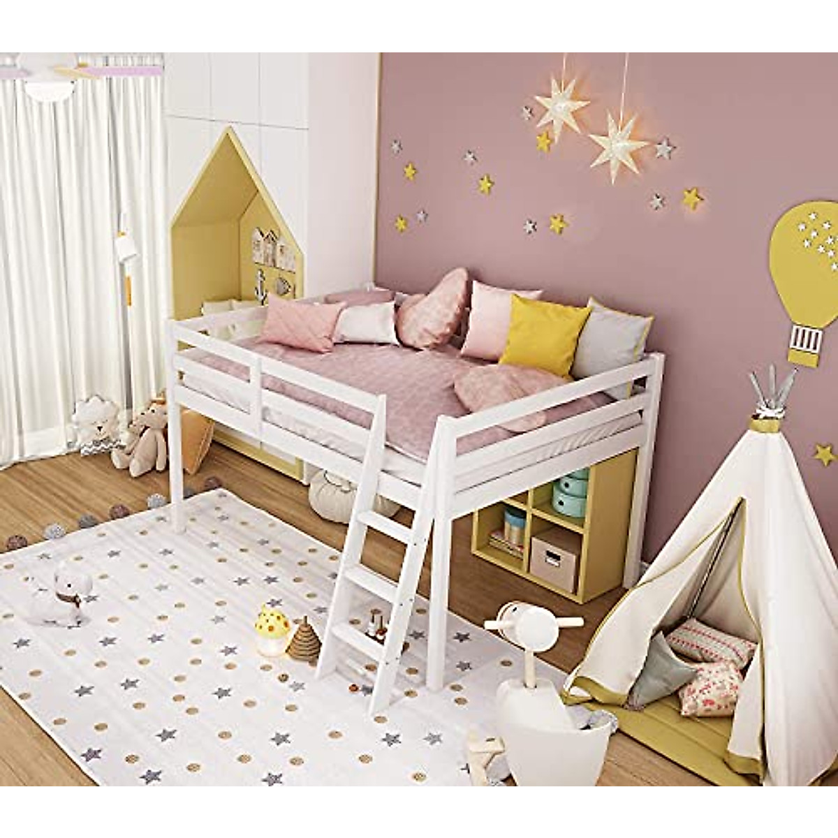 VINGLI Junior Low Loft Bed with Stairs, White Wood Loft Bed Full Size for Adults, Kids and Young Teens, No Box Spring Required,Wood Slat Support