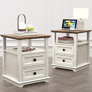 REDAYFUR 24” Tall Nightstand with Charging Station Set of 2, Fast Charge End Table Set of 2, Large 18” Bedside Table with Drawers, Storage Cabinet with Open Shelf for Bedroom, White