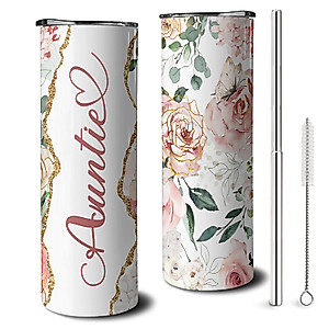 owbgsdh 20 oz Aunt Skinny Tumblers with Lid and Straw, Auntie Stainless Steel Vacuum Insulated Travel Coffee Mug Cup Water Bottle, Auntie Birthday Gifts for Aunt