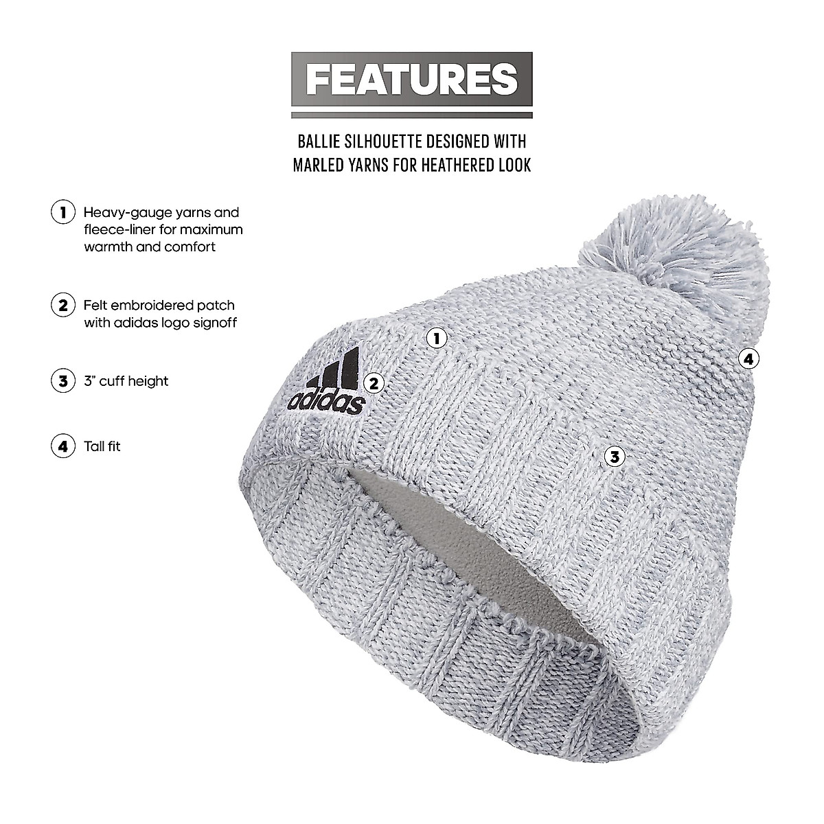 adidas Men's Recon Ballie Pom Tall Fit Fold Beanie Discontinued, White-Light Grey Heather Twist/Black/White F23, One Size