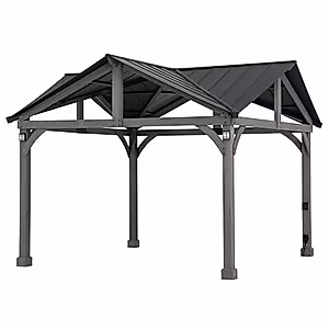 Sunjoy 13.5 x 13.5 ft. Hardtop Gazebo Outdoor Patio Black Steel Gazebo with LED Lights, AC Outlet, USB Port and A 3-Meters Universal Power Supply Cable, Black
