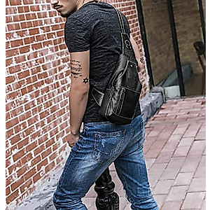 JOTONOXEN Mens Sling Bag Genuine Leather Chest Shoulder Backpack Cross Body, Water Resistant Anti Theft Shoulder Bags Chest backpack (Black)