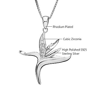 Aloha Jewelry Company 925 Sterling Silver Hawaiian Bird of Paradise Tropical Plant with Cubic Zirconia Pendant with 18" Box Chain, Nickle Free Hypoallergenic for Sensitive Skin, Gift Box Included