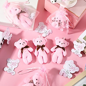 Ceenna 50 Sets Baby Shower Favor Bulk for Guest 50 Tiny Stuffed Bear Toy Plush Bear 50 Thank You Cards and Organza Bag Valentines Day Thank You Tag for Gender Reveal Guest Gifts(Pink)