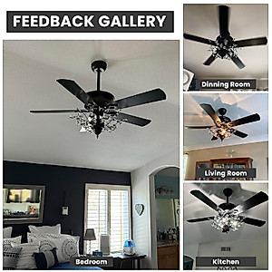 Moooni 50 Inch Reversible Crystal Ceiling Fan with Lights, Vintage Chandelier Fan Light KIt Black Fandelier for Bedroom Living Room