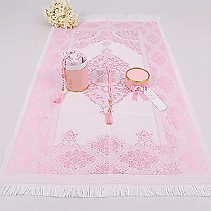 Islamic Elite Favors Personalized Muslim Lightweight Travel Prayer Rug Prayer Beads Set, Prayer Mat Tasbeeh Set, Ramadan Eid Hajj Umrah Wedding Birthday Graduation Mother's Day (Pink)