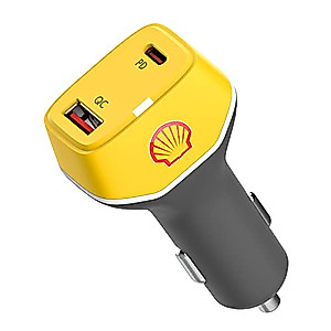 Shell USB Car Charger Fast Charger, 63W 2 Port iPhone Car Charger, 45W PD USB C + 18W QC USB A, for iPhone 13 /Pro/Max/Mini, iPad Pro/Air/Mini, MacBook Air/Pro, Google Pixel, Tablets, GPS