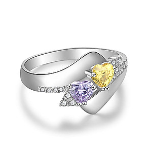 GLAMCARAT Sterling silver Personalized Promise Ring Women’s Stone Rings Heart Shaped Name Rings customized engraved name mothers ring with 2 birthstones