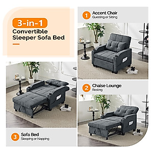 VINGLI Dark Grey Sleeper Chair Bed 3-in-1 Convertible Futon Sofa Bed Pull Out Couch Bed Adjustable Recliner Chair with USB Ports Cup Holders Side Pockets for Living Room Bedroom Small Spaces