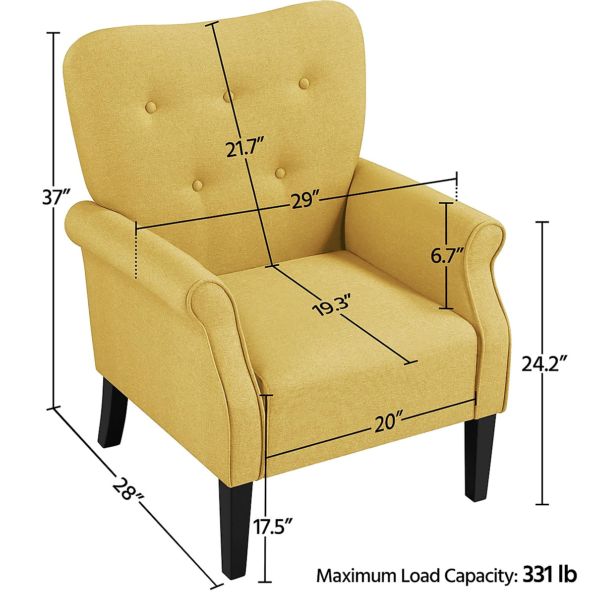 Yaheetech Modern Armchair, Mid Century Accent chair with Sturdy Wood Legs and High Back for Small Space, Upholstered Fabric Sofa Club Chair for Living Room/Bedroom/Office, Set of 2, Yellow