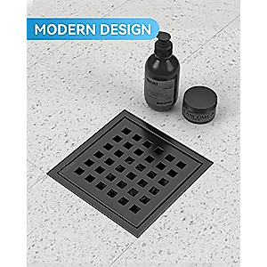 Black Shower Drain 4 Inch with Flange CUPC Certified- Made of 304 Stainless Steel, Square Shower Drain Includes Removable Cover Grid Grate,Thread Adapter, Shower Drain