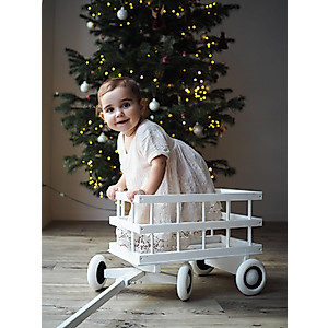Premium Wooden Wagon JULEK - Safe and Beautiful | Ideal for Weddings and Flower Girls | Color: White Fluff | Wheels: Rubber