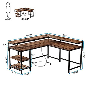 Tribesigns L Shaped Desk with Power Outlets, Reversible Corner Computer Desk with Monitor Stand and Storage Shelves, Home Office Gaming L Desk with USB Port, Brown