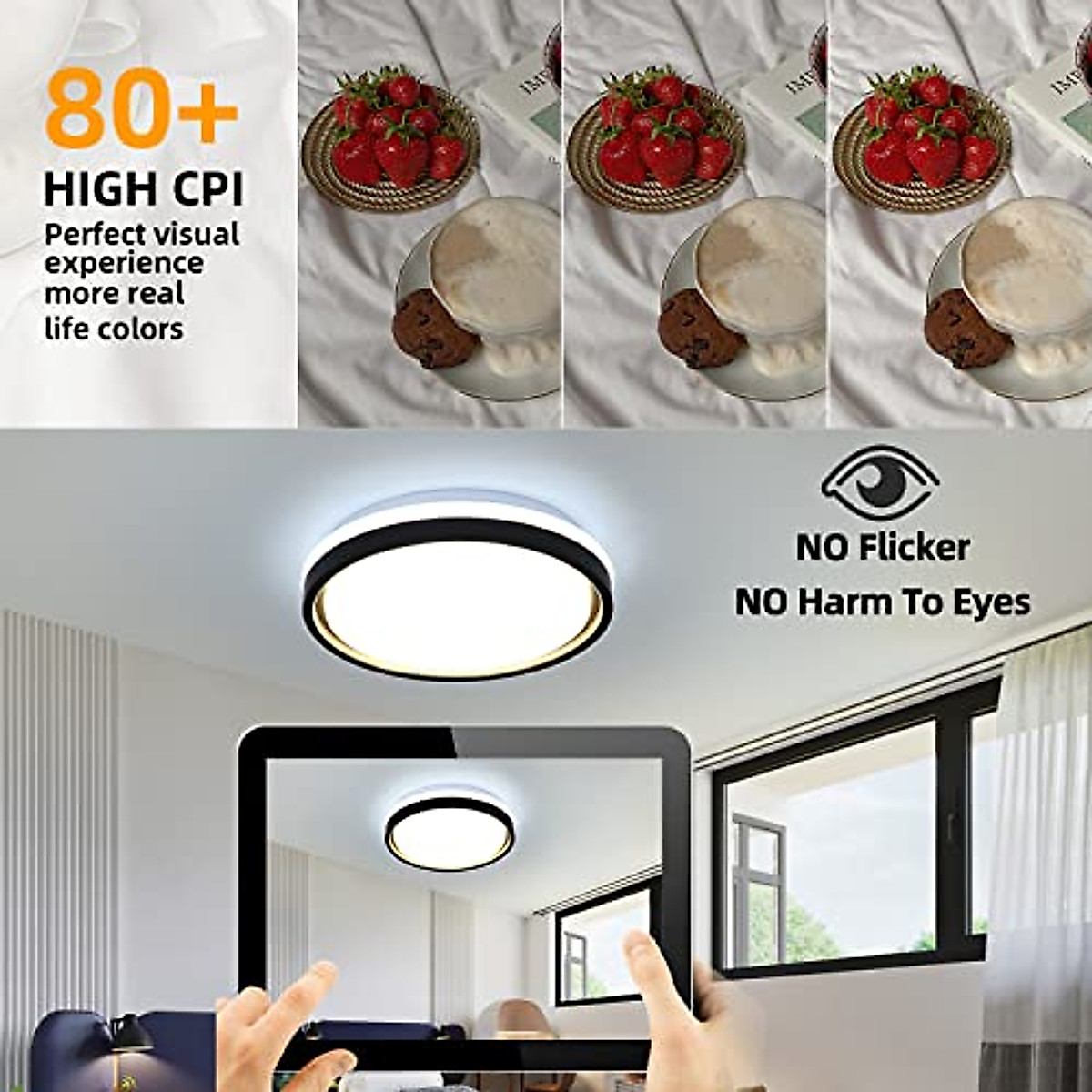 Hurrah LED Ceiling Light Fixture with Remote Control - 17W Flush Mount Dimmable Ceiling Lamp Black Round 2700K-6500K 11.8in Close to Ceiling Lighting for Bedroom Living Room Hallway Kitchen