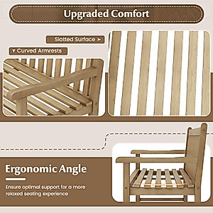 Tangkula 62" Outdoor Teak Wood Bench, 3-Person Garden Patio Bench with Backrest, Armrests and Slatted Seat, Porch Bench for Yard, Lawn, Deck and Entryway