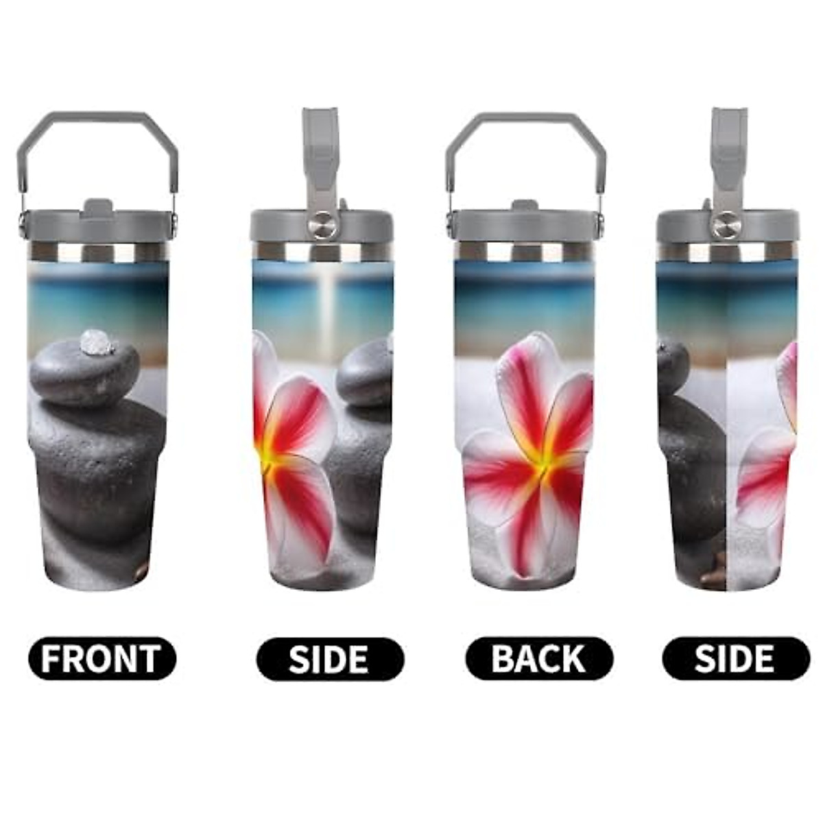 BWQJKUO Large Capacity Car Cup 30 Oz Stainless Steel Tropical Flower And Zen Stone Printed Travel Mug Leak-proof Flip Straw Tumbler with Handle,keeps Cold Or Ho