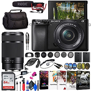 Sony a6100 Mirrorless Camera with 16-50mm and 55-210mm Lenses (ILCE6100Y/B) + Filter Kit + 64GB Card + NPF-W50 Battery + Card Reader + Corel Photo Software + Case + Flex Tripod + More (Renewed)
