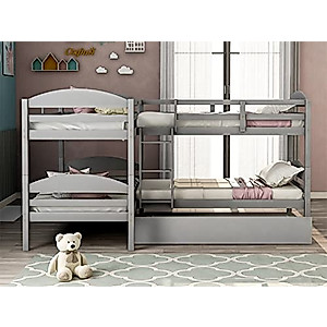 Quad Bunk Bed with Trundle L-Shape Bunk Bed Twin Over Twin Corner Bunk Bed for 4 or 5 Kids Boys Girls Teens, Gray