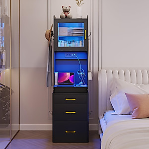 Vlsrka LED Vanity Desk with Flip Top Mirror, Dressing Table with 3 Color Dimmable Lights, Makeup Vanity Table with Storage Cabinet, Cushioned Stool, Vanity Set with Charging Station for Bedroom, Black