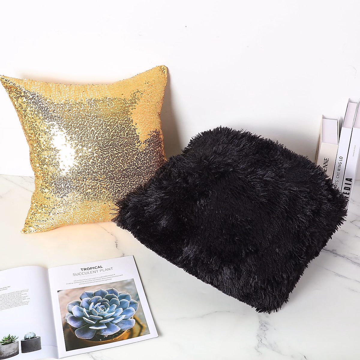 Mixweer 4 Pcs Sequin and Fluffy Pillow Cases Glitter Pillow Covers Faux Fur Throw Covers Decorative Cushion Case for Couch Bed Sofa Wedding, No Insert(18'',Gold, Black)