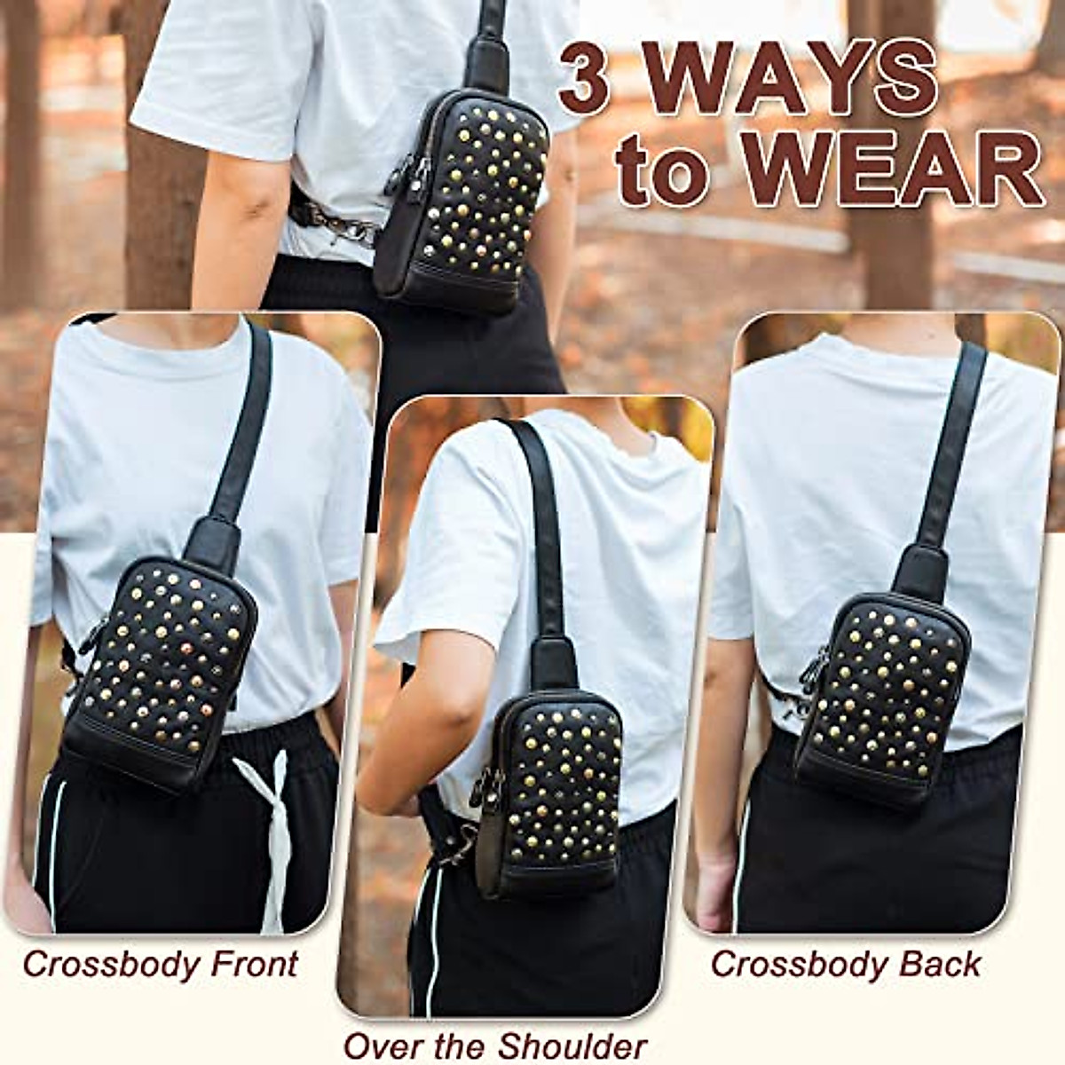 CENUNCO Genuine Leather Sling Bag for Women Small Leather Crossbody Sling Backpack Rivet Style Chest Anti-Theft Black Phone Purse with Card Slots Casual Daypack