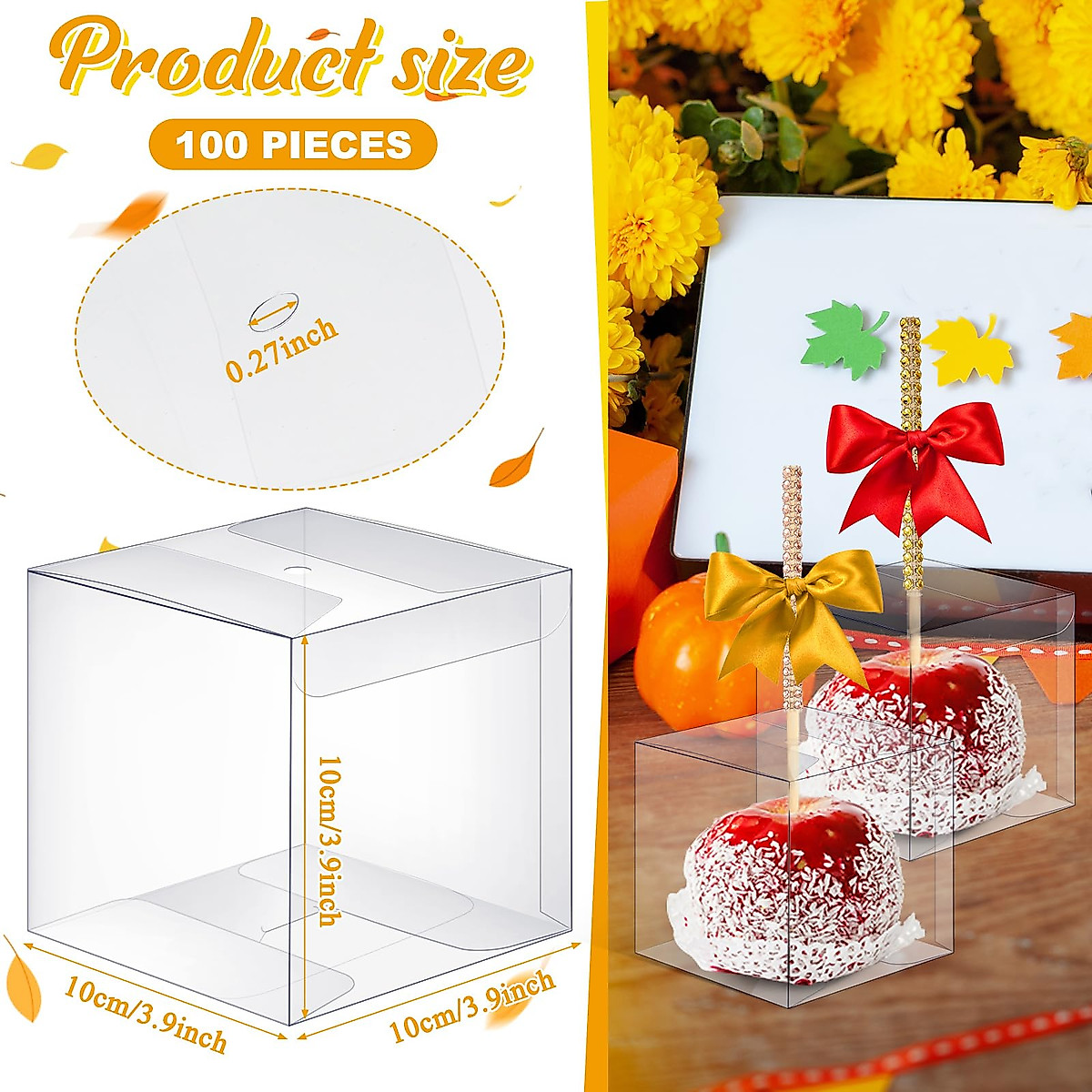 Juexica 100 Pcs Clear Caramel Apple Boxes with Hole Transparent Candy Apple Boxes PET Gift Boxes for Chocolate Wedding Ornaments Boxes, 4x4x4 Inch