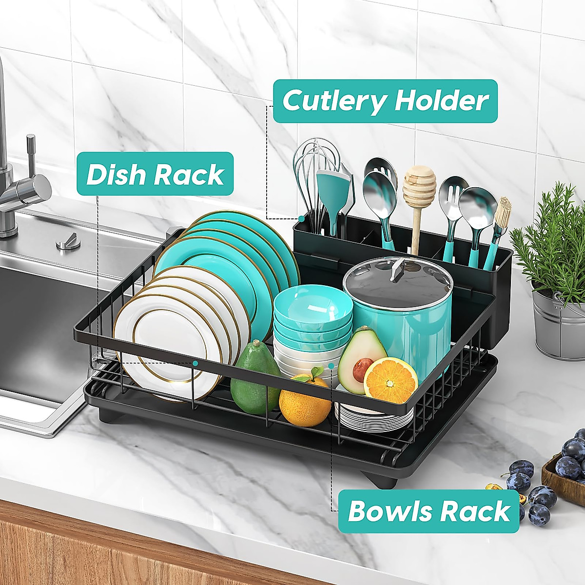 MERRYBOX Dish Drying Rack Dish Racks for Kitchen Counter Sink with Drainboard Black Rustproof Drying Rack Kitchen Dish Drainer with Widened Leak-Proof Spout, Large 3-Compartment Utensil Holder