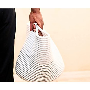 Lorfa Cotton Rope Storage Basket - Woven Laundry Baskets for Blanket, Baby Toy Storage Basket with Hidden Handle, Nursery Basket, 12 By 11 inch (12X11 inch , Grey Line)