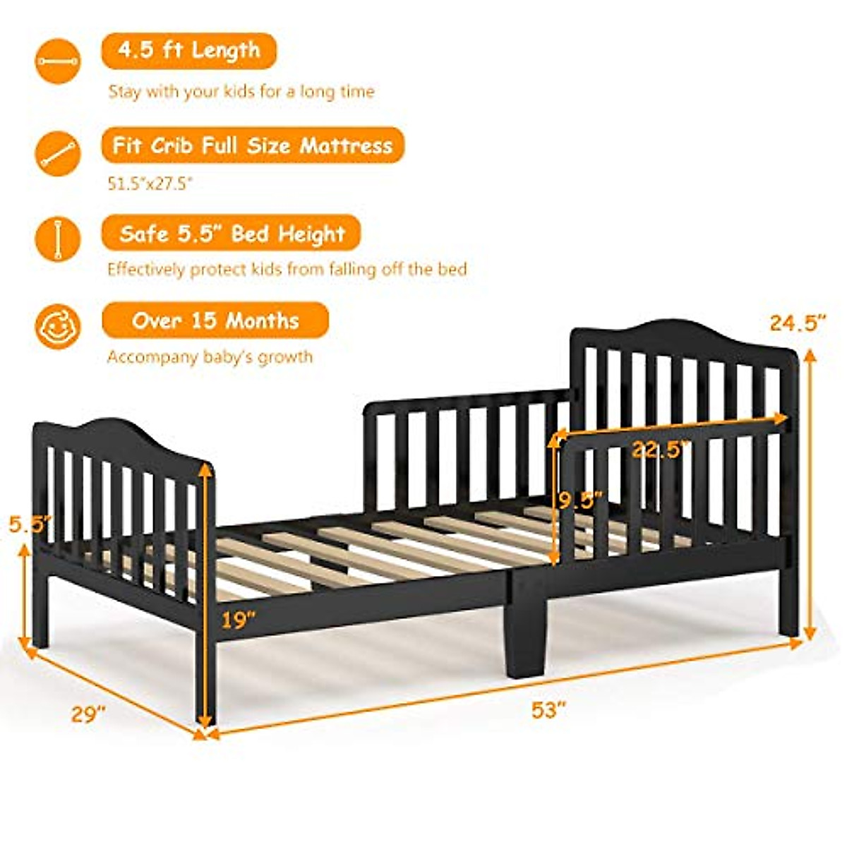 Costzon Toddler Bed, Classic Wood Kids Bed Frame w/Double Safety Guardrail, Low to Floor Design, Wooden Slat Support, Fits Full Size Crib Mattress, Bedroom Furniture for Boys & Girls (Black)