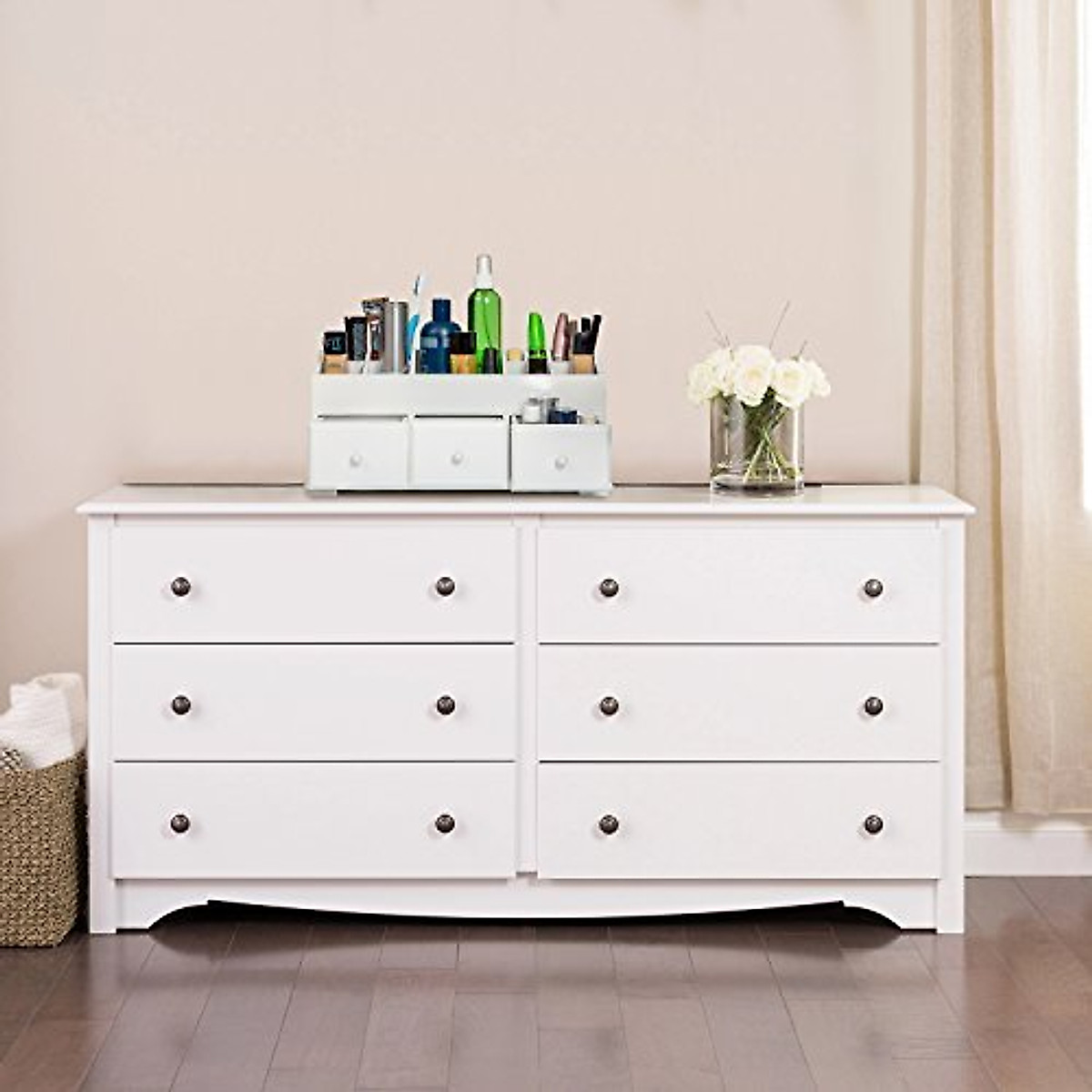 Makeup Organizer with Drawers, Wooden Cosmetic Beauty Storage Box for Home and Office Vanities, Countertop Organizer for Cosmetics and Makeup Tools, Vanity Holder for Lipstick Brushes Lotions, White