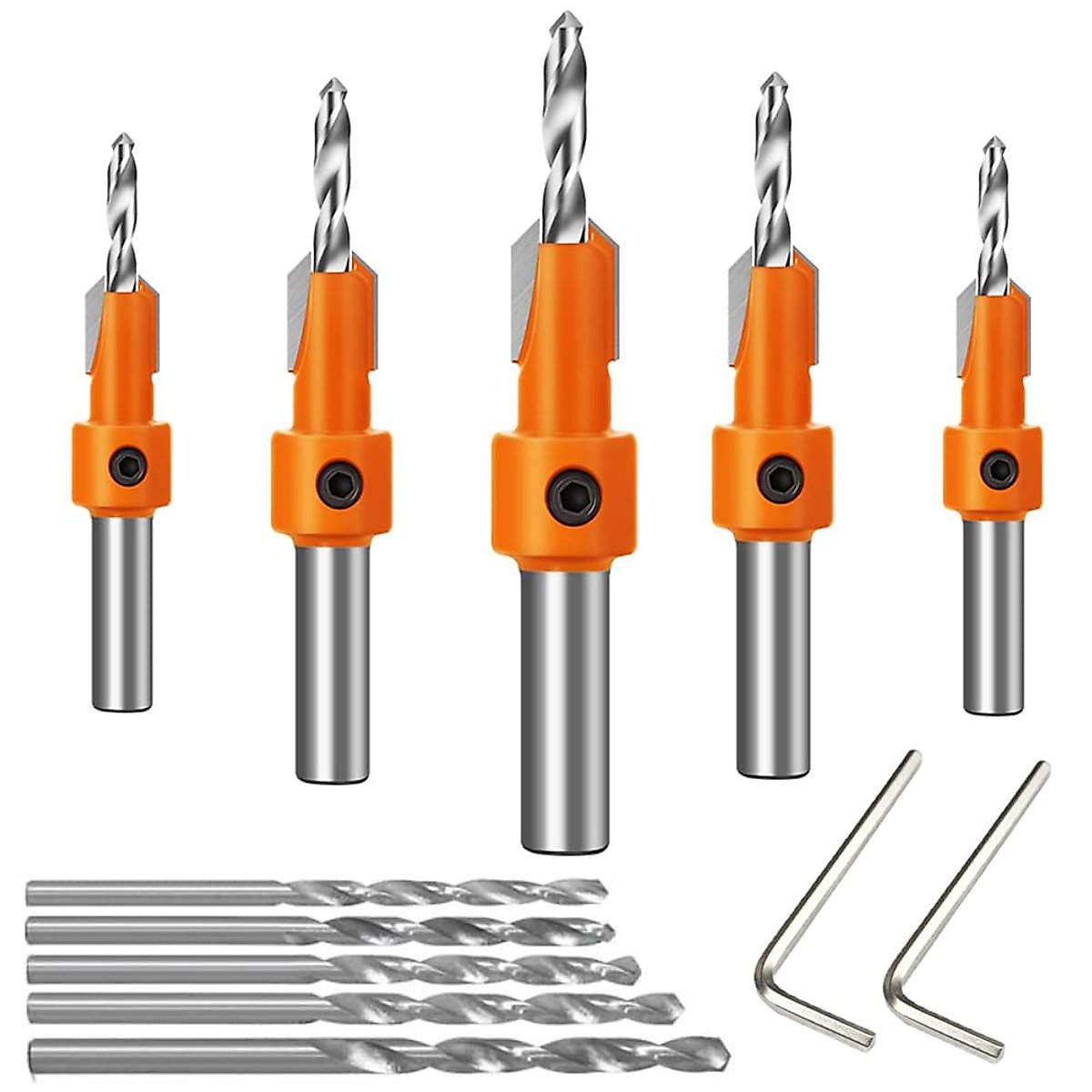 ASNOMY 10Pcs Wood Countersink Drill Bit Set, 5Pcs Countersink Drill Bit with 5Pcs Extra Pilot Drill bit, Tapered Drill Bits with 5/16" Round Shank, Counter Sinker Drill Bit Set for Woodworking