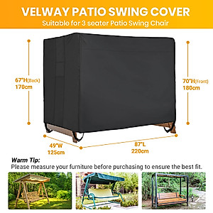 Velway Outdoor Swing Cover 3 Triple Seater Waterproof Patio Hammock Cover 87x49x70 All Weather Windproof Glider Chair Cover for Garden Furniture, Black