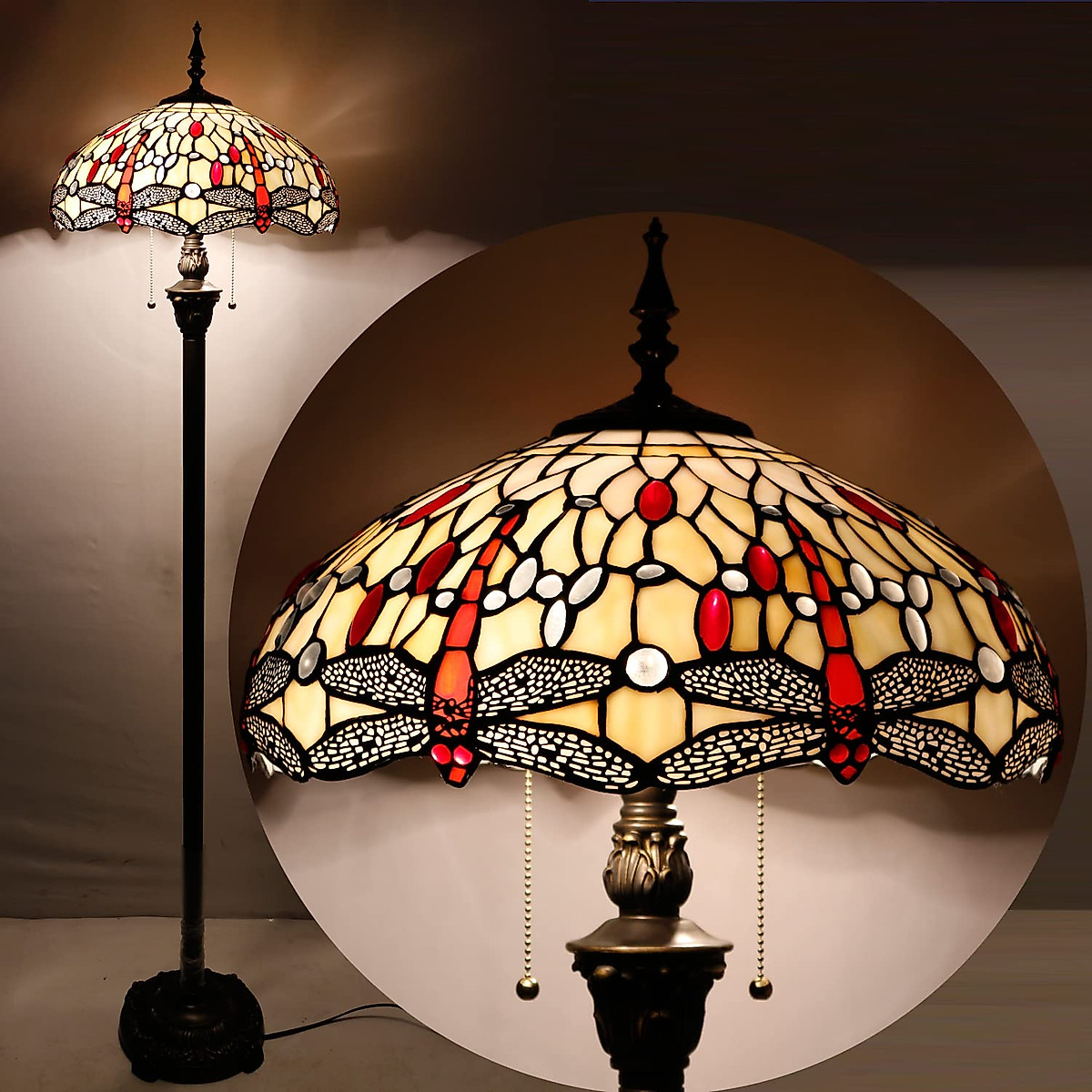 WERFACTORY Tiffany Floor Lamp Dragonfly Amber Stained Glass Standing Reading Light 16X16X64 Inches Antique Pole Corner Lamp Decor Bedroom Living Room Home Office S557 Series