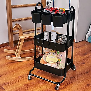 IAMFAN 3-Tier Metal Rolling Utility Cart,Storage Carts with Handle and Lockable Wheels,Art Cart Organizer,Craft Cart,Roller Cart for Office,Bedroom,Living Room,Kitchen,Bathroom,Black